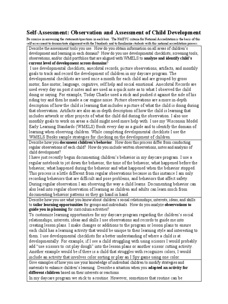 Self-Assessment Observation and Assessment of Child Development | PDF | Child Development ...