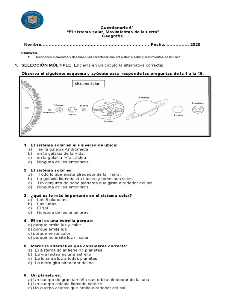 Preguntas De Repaso Del Sistema Solar