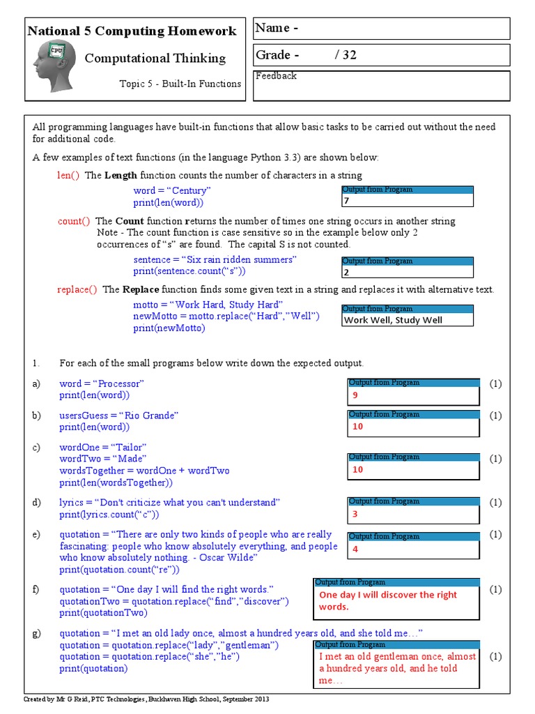 Name Grade 32 National 5 Computing Homework Pdf Input Output Integer Computer Science