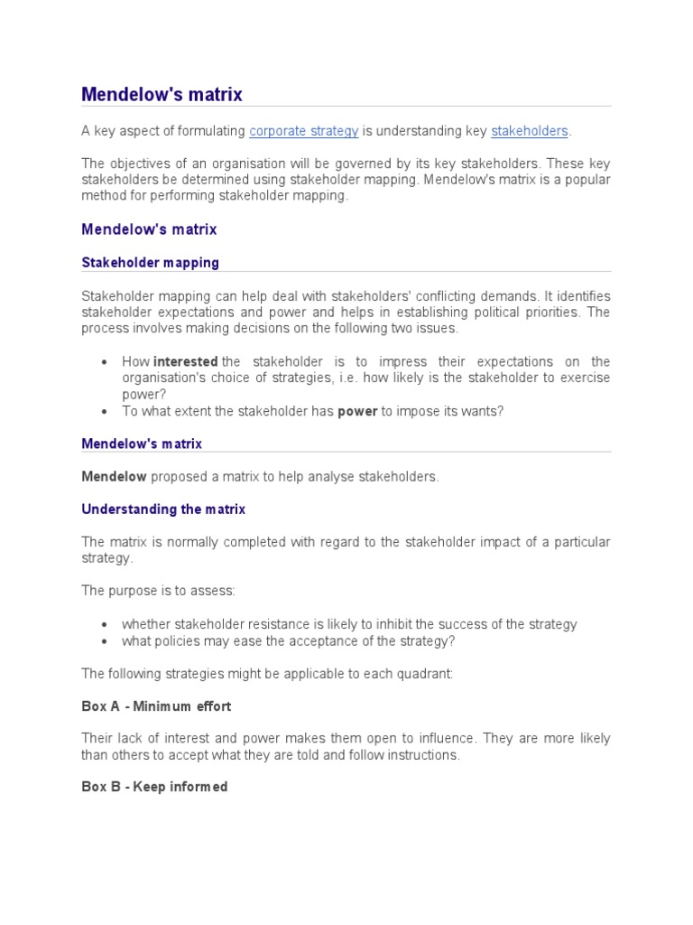 Mendelow Matrix | PDF | Stakeholder (Corporate) | Employment