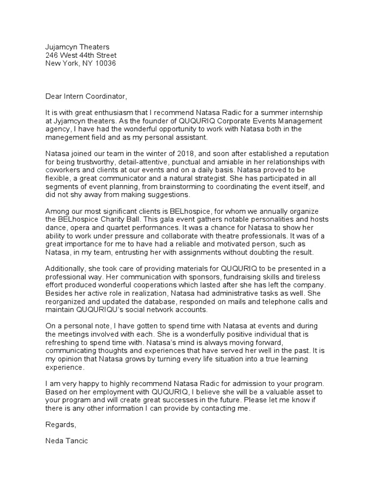 Recommendation Letter Neda Tancic Jujamcyn | PDF | Psychological ...