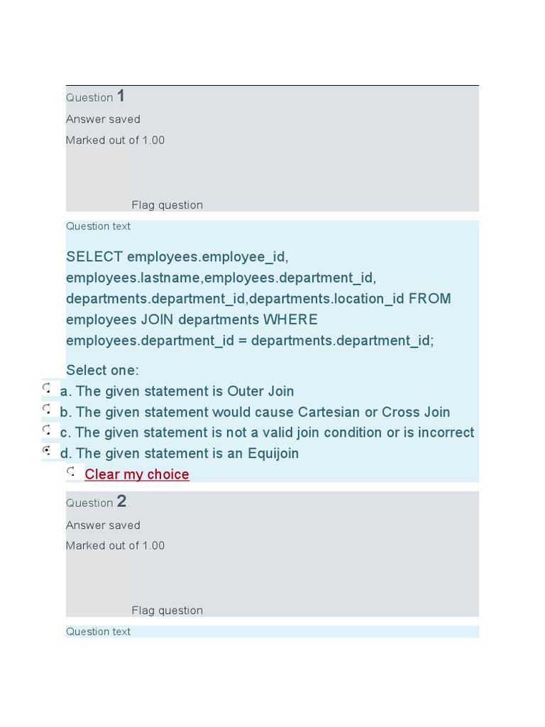 Answer Saved Marked Out of 1.00: Clear My Choice | PDF | Data ...