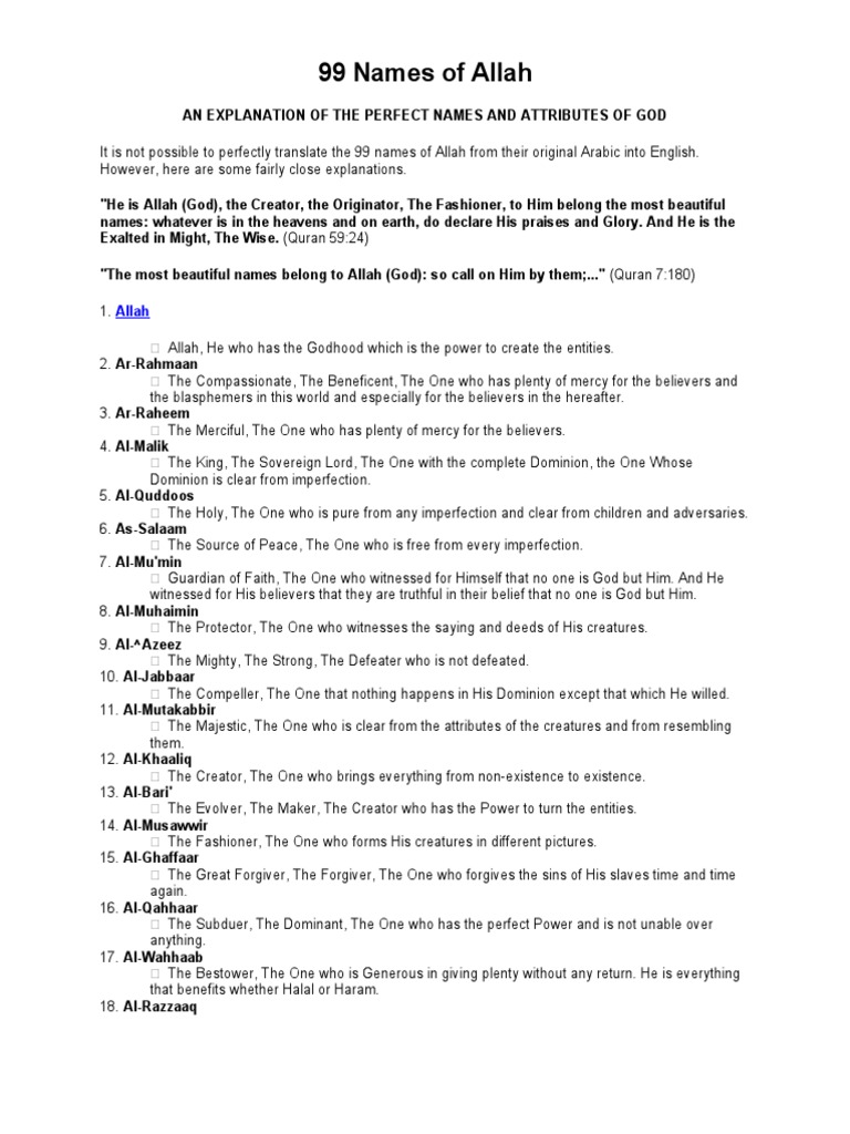 99 Names and Attributes of Allah Explained | PDF | Allah | God