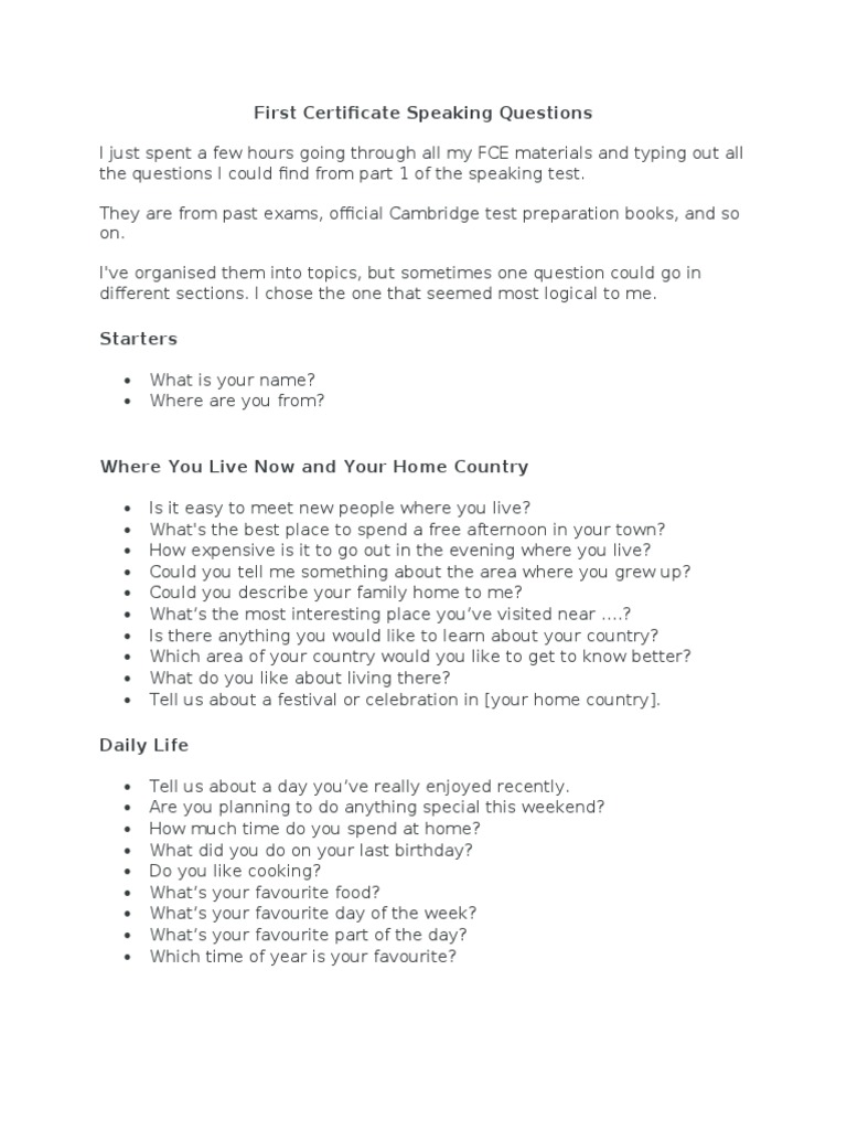 First Certificate Speaking Questions | PDF | Fashion | Sports