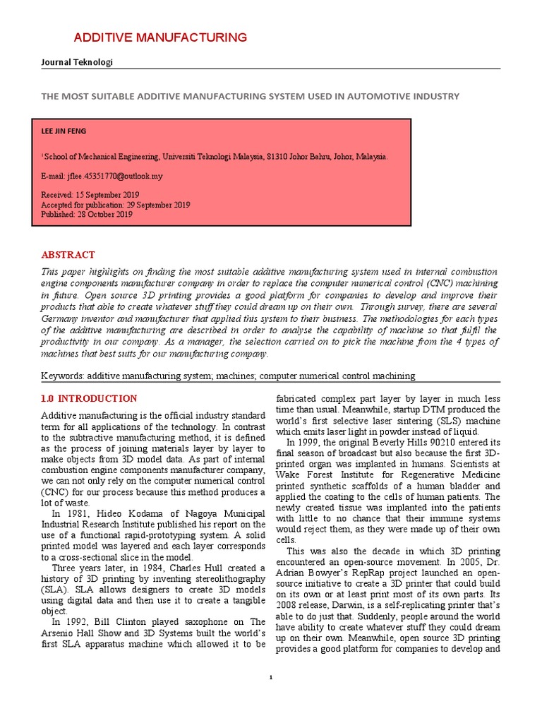 Additive Manufacturing: The Most Suitable Additive Manufacturing System ...