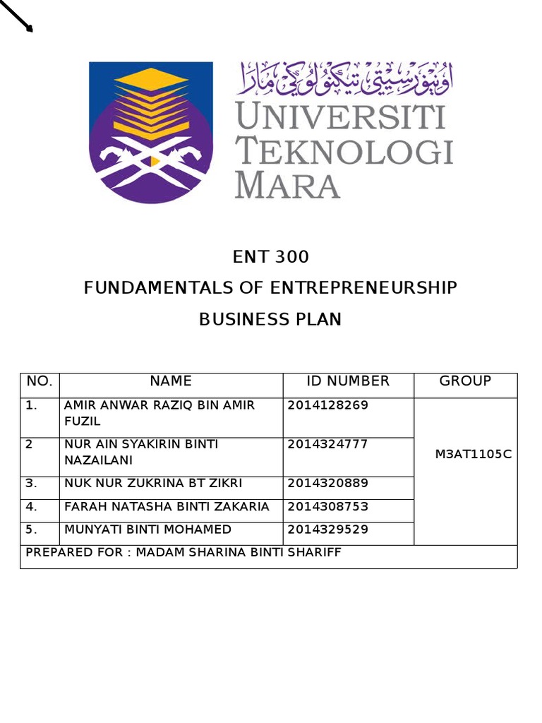 ENT 300 Fundamentals of Entrepreneurship Business Plan: NO. Name Id ...
