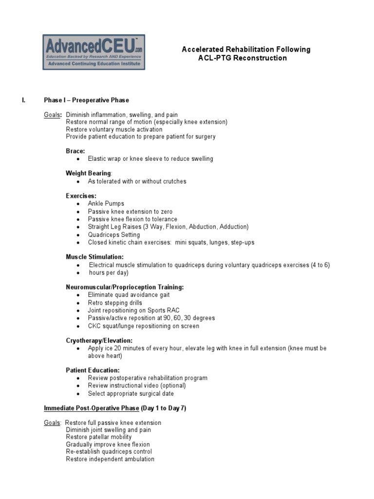 Accelerated Rehabilitation Following ACL-PTG Reconstruction: I. Phase I ...