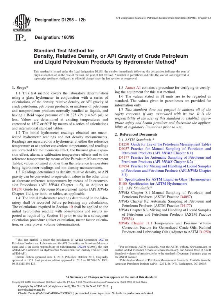 ASTM D1298 12 Gravedad API | PDF | Density | Thermometer