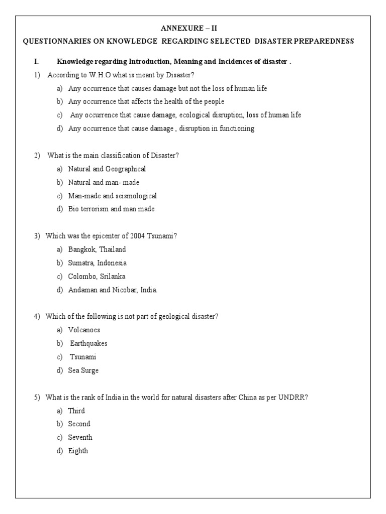 Disaster Preparedness Questionnaire Knowledge | PDF | Emergency ...