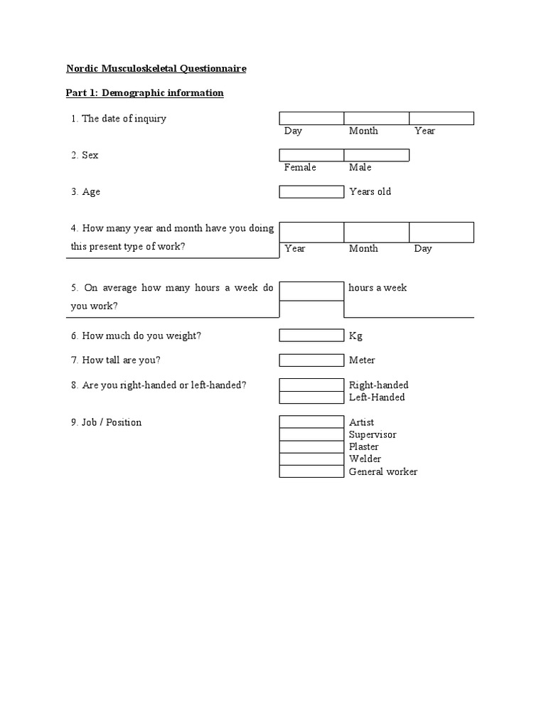 Nordic Musculoskeletal Questionnaire Form | PDF | Elbow | Dance Science