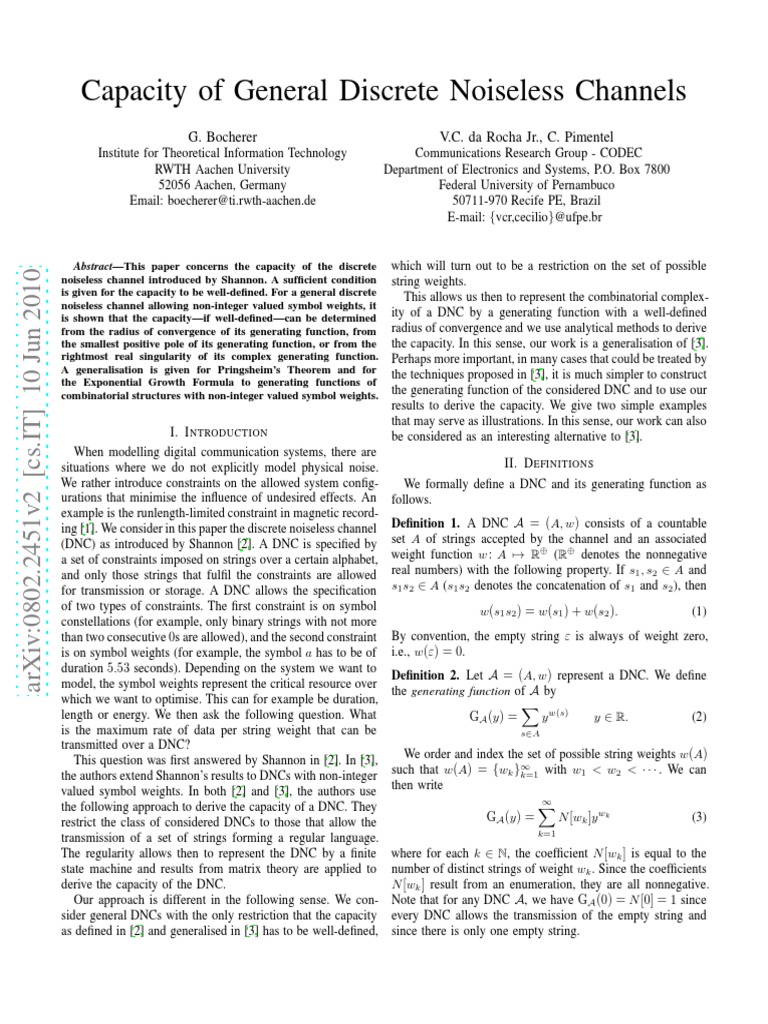 Capacity of General Discrete Noiseless Channels-I 2 | PDF | String ...