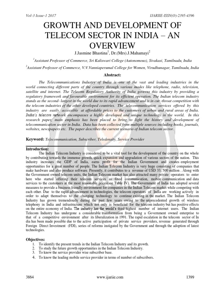 Growth and Development of Telecom Sector in India - An: J.Jasmine ...