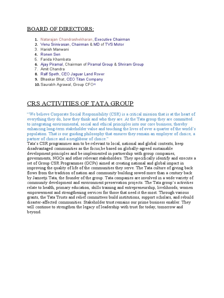 Crs Activities of Tata Group | PDF | Corporate Social Responsibility ...