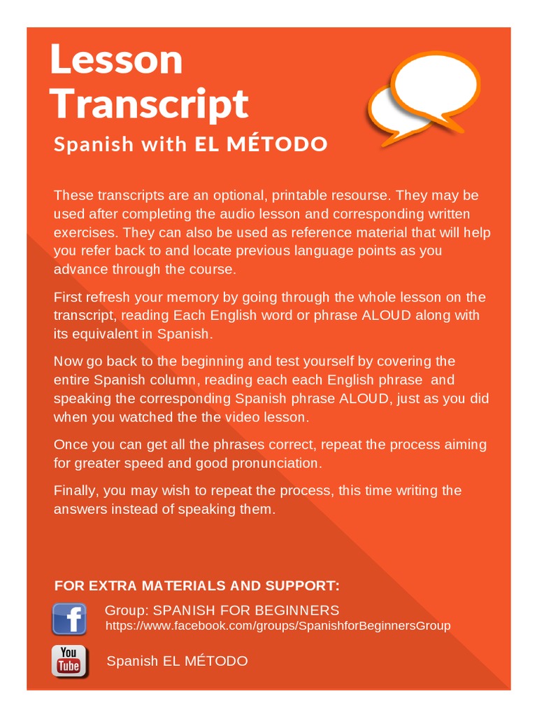 Lesson Transcript: Spanish With EL MÉTODO | PDF