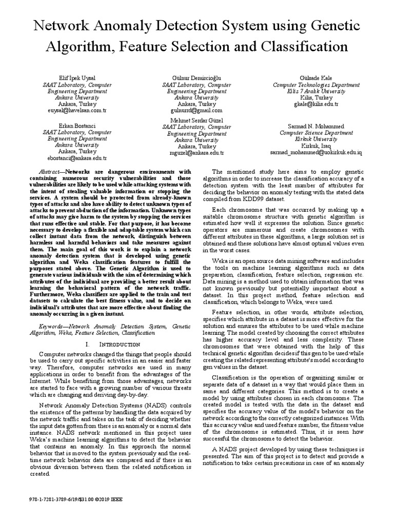 Network Anomaly Detection System Using Genetic Algorithm, Feature Selection and Classification ...