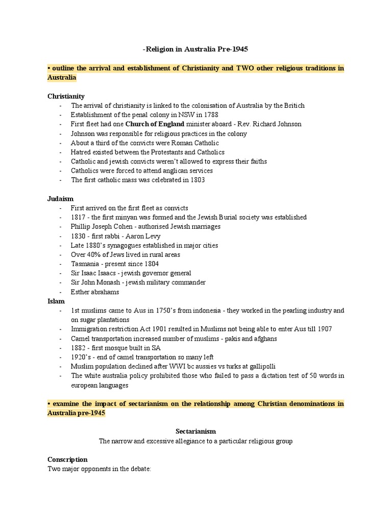 Religion in Australia Pre-1945 Sor2 Preliminary HSC Notes | PDF | Jews ...