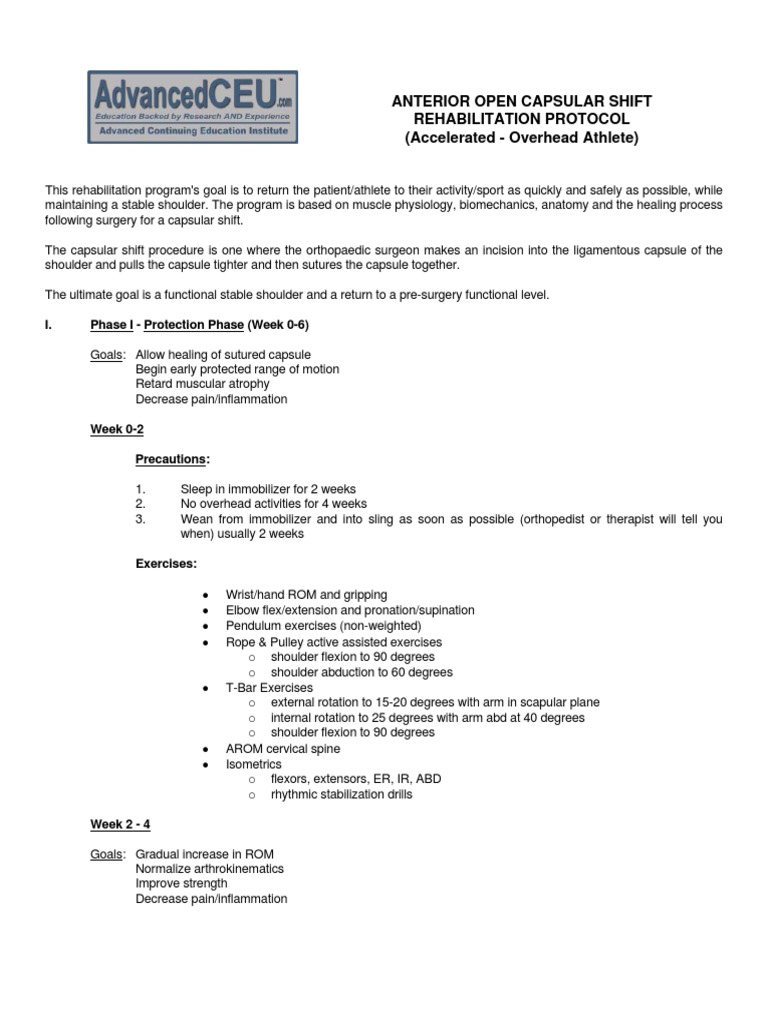 Anterior Open Capsular Shift Rehabilitation Protocol (Accelerated ...