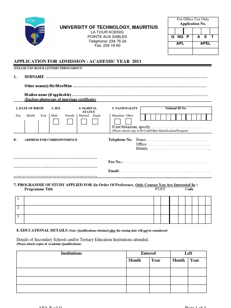 University Admission Application Form | PDF