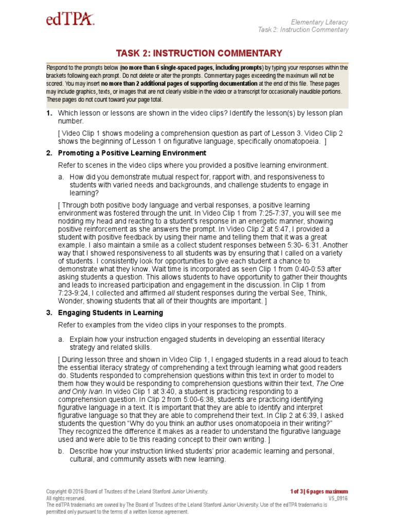 Edtpa Ell Instruction Commentary | PDF | Reading Comprehension | Teaching
