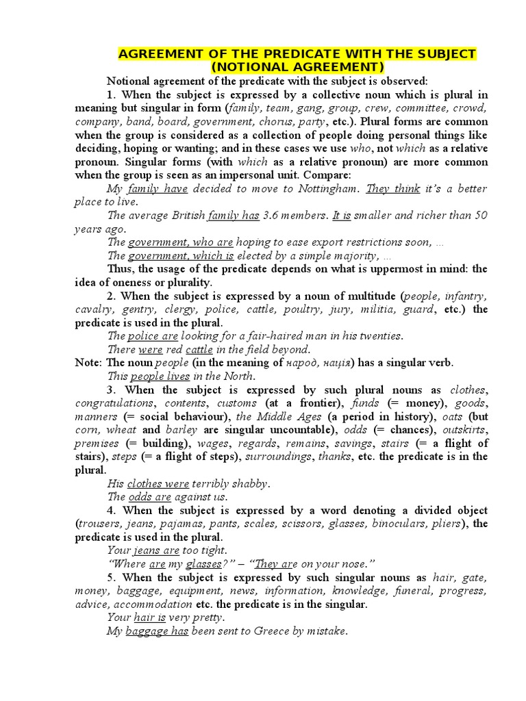 Agreement of The Predicate With The Subject (Notional Agreement) | PDF ...