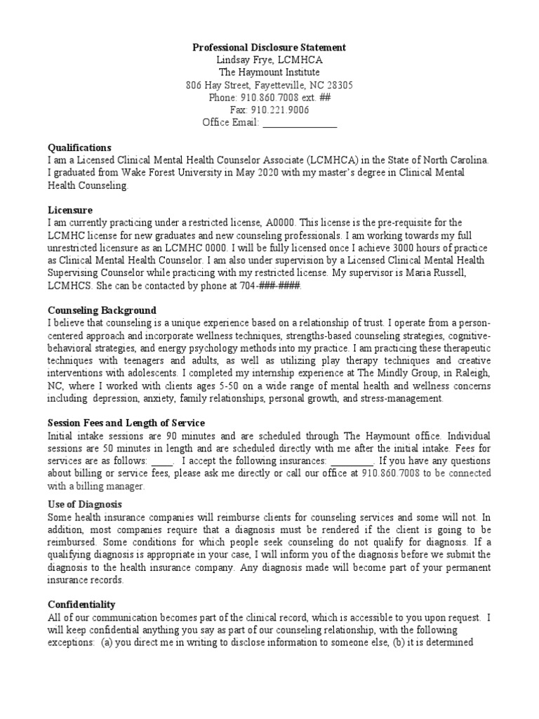 Professional Disclosure Statement | PDF | Confidentiality | Psychotherapy