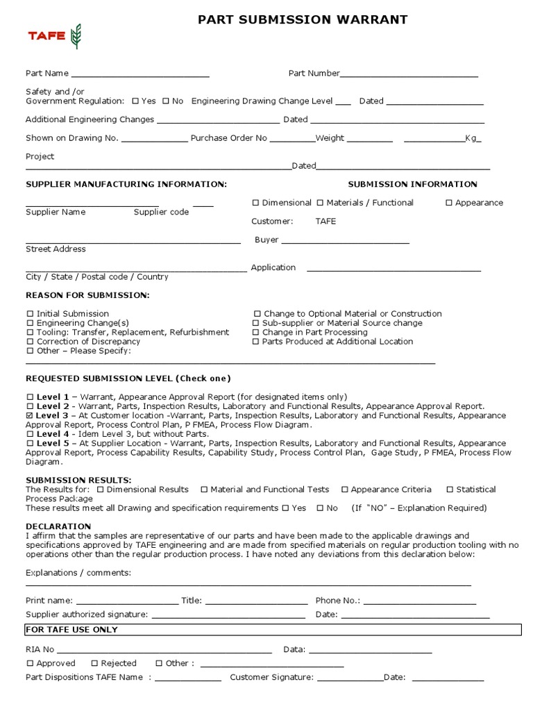 Part Submission Warrant Form | PDF | Specification (Technical Standard ...