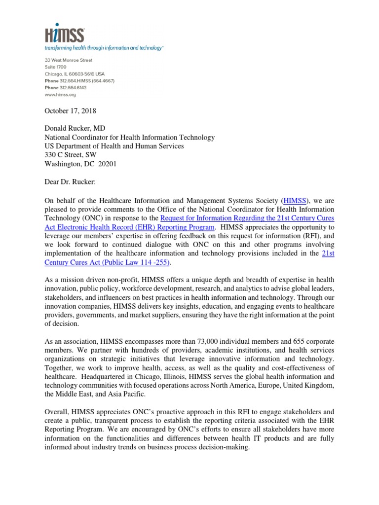 HIMSS EHR Reporting Program RFI Comment Letter | PDF | Electronic ...