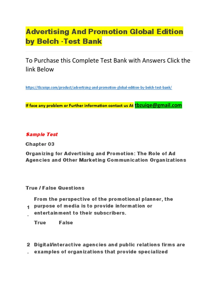 Advertising and Promotion Global Edition by Belch - Test Bank | PDF