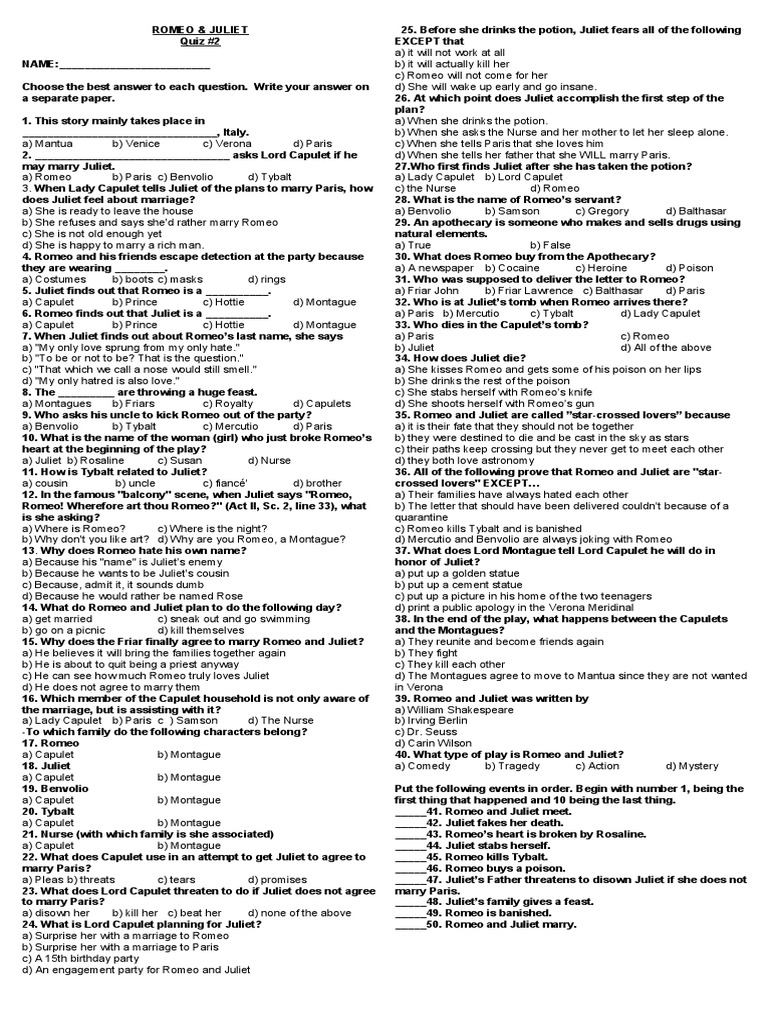 Romeo and Juliet Quiz with Answers | PDF | Characters In Romeo And ...