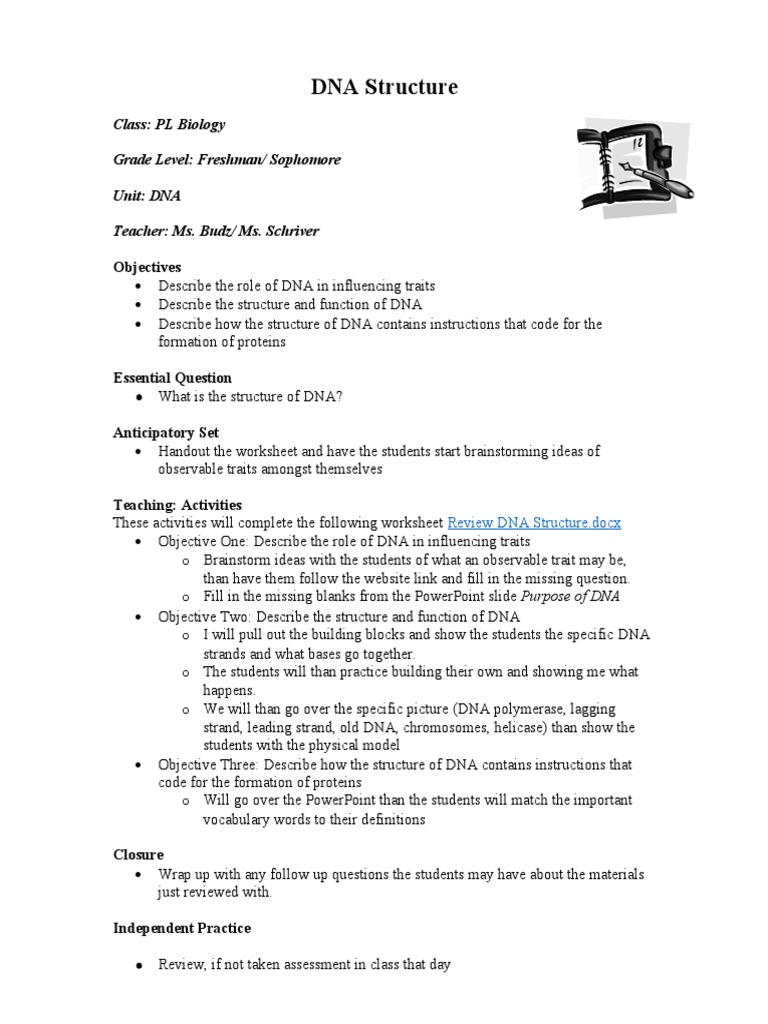 DNA Structure: Class: PL Biology Grade Level: Freshman/ Sophomore Unit ...
