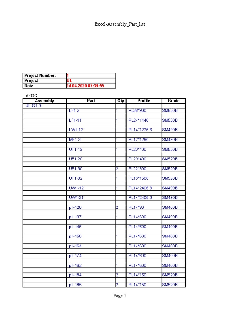 Excel-Assembly - Part - List: Project Number: Project Date | PDF