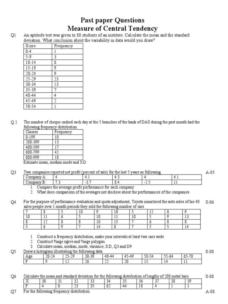 Past Paper Questions Measure of Central Tendency | PDF | Median ...