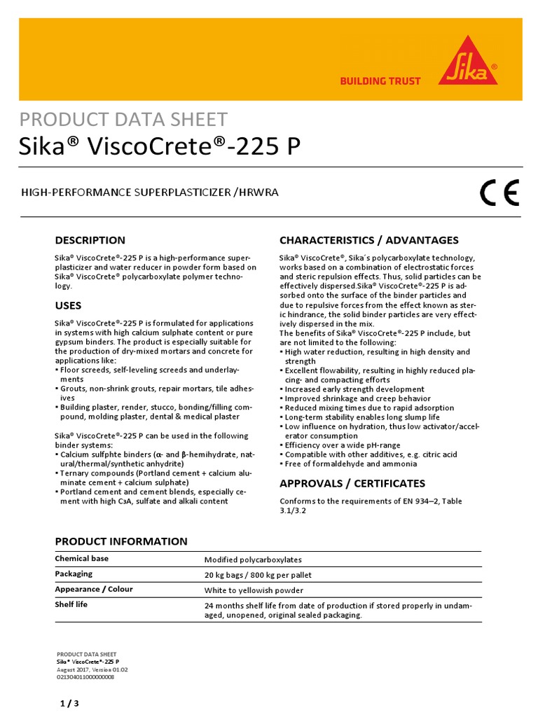 Sika® Viscocrete®-225 P: Product Data Sheet | PDF | Plaster | Cement