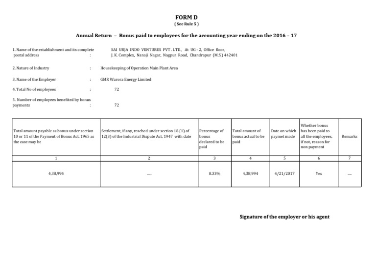 Form D bonus details | PDF