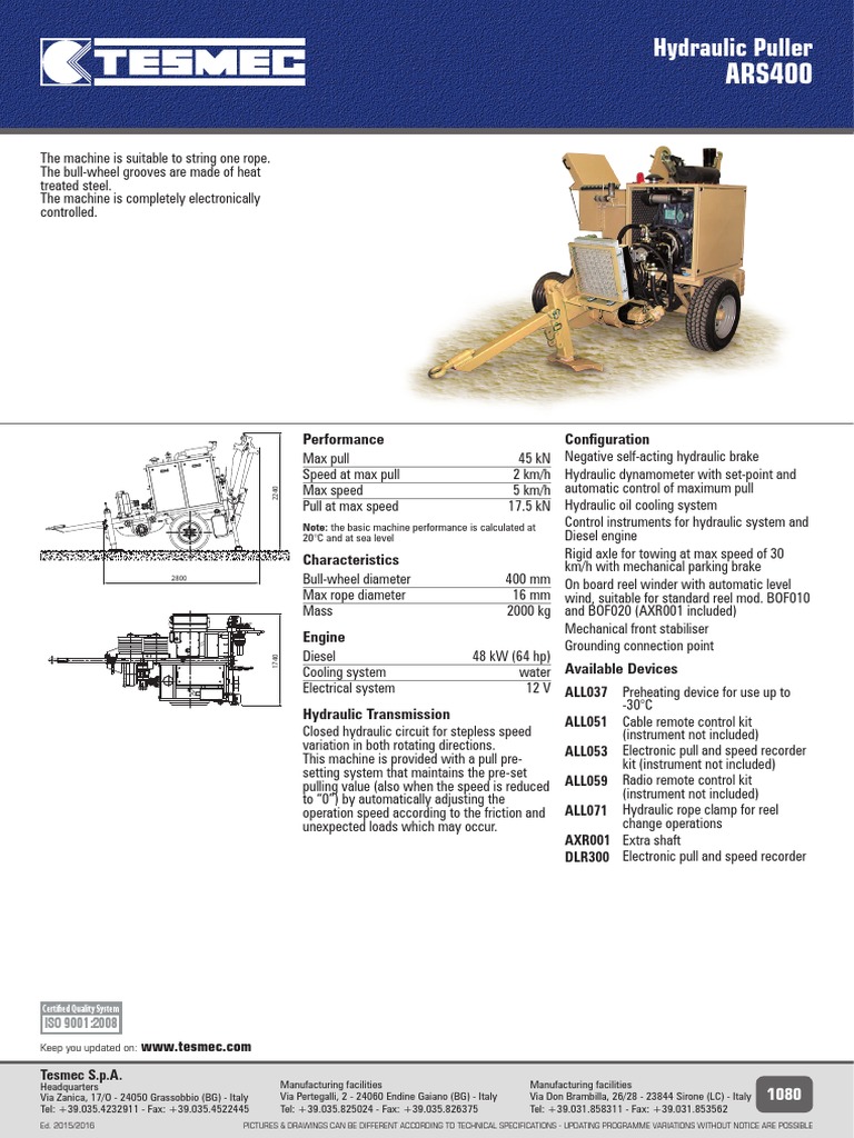Tesmec ARS400 Hydraulic Puller Specs | PDF | Machines | Manufactured Goods