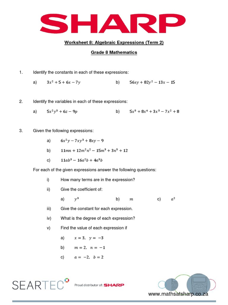 Worksheet 8: Algebraic Expressions (Term 2) Grade 8 Mathematics | PDF ...