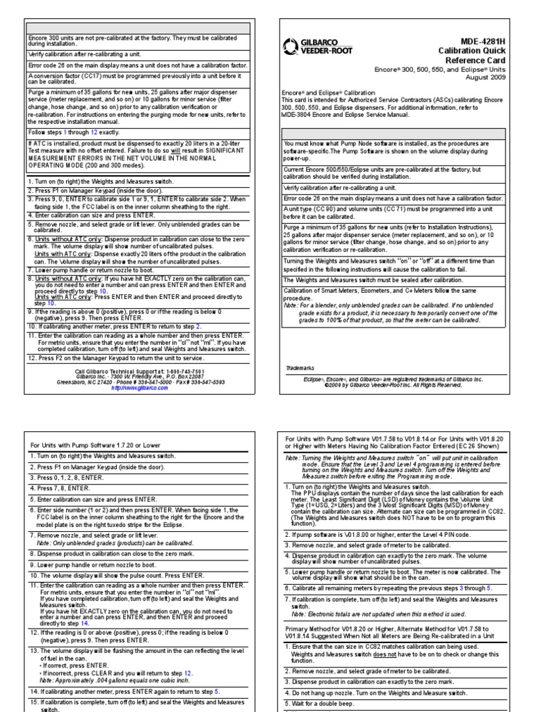 MDE-4281H Calibration Quick Reference Card: Encore 300 Units | PDF | Calibration