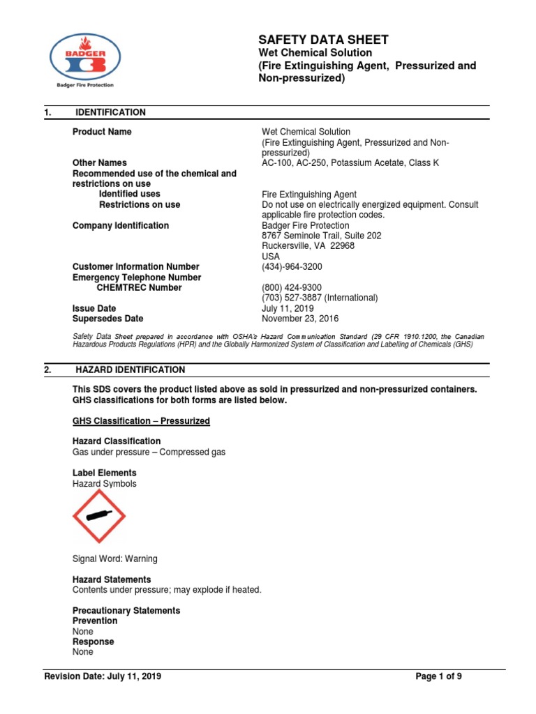 Safety Data Sheet: Wet Chemical Solution (Fire Extinguishing Agent ...