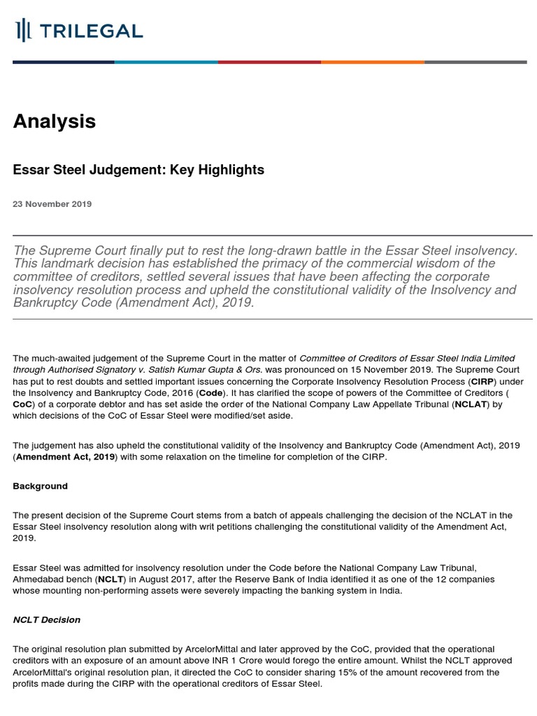 Analysis: Essar Steel Judgement: Key Highlights | PDF | Bankruptcy ...