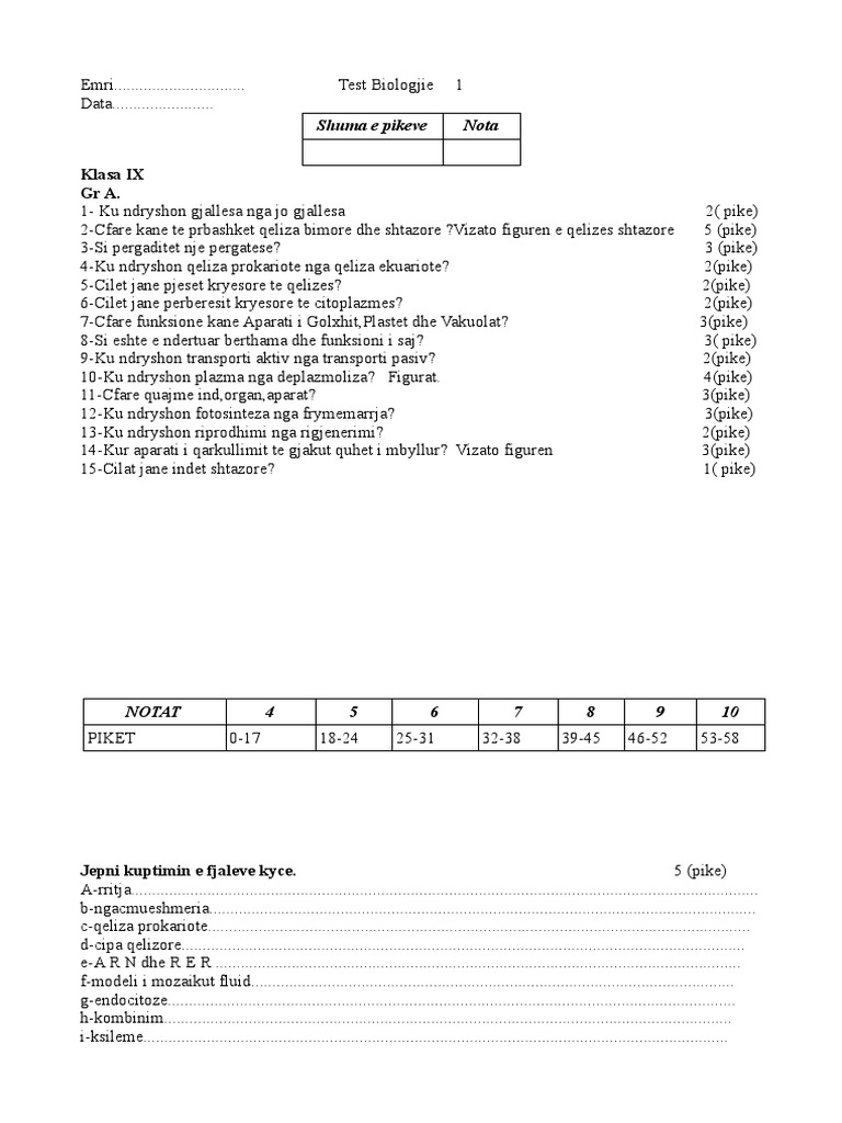 Test BIOLOGJIA 9 | PDF