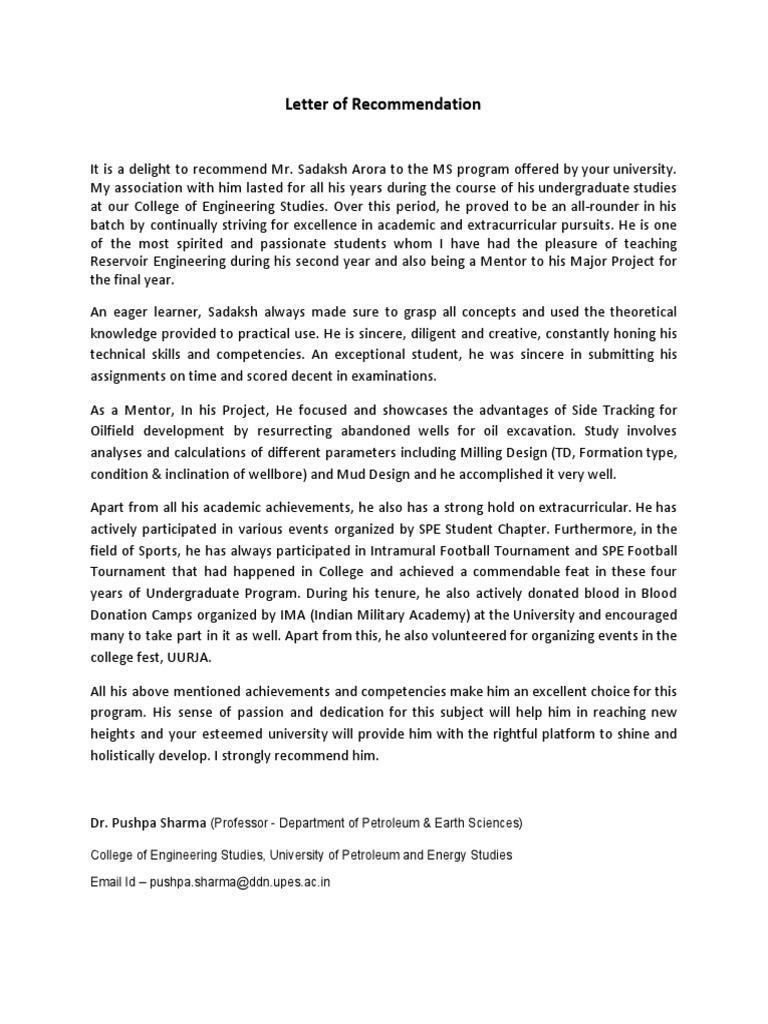 Pushpa Sharma LOR | PDF | Academia | Behavior Modification