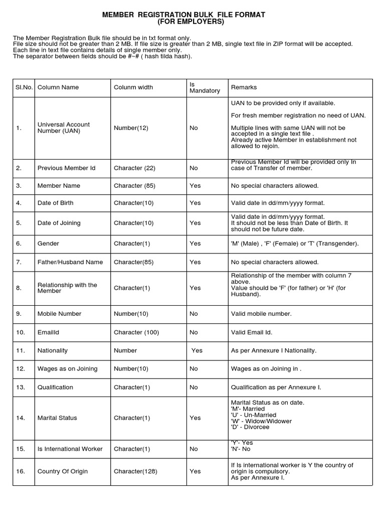 Member Registration Bulk File Format (For Employers) | Download Free ...