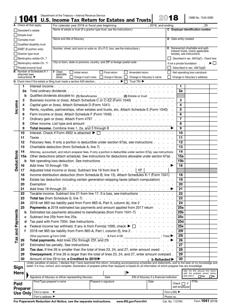 Form 1041 U.S. Income Tax Return for Estates and Trusts for Calendar ...