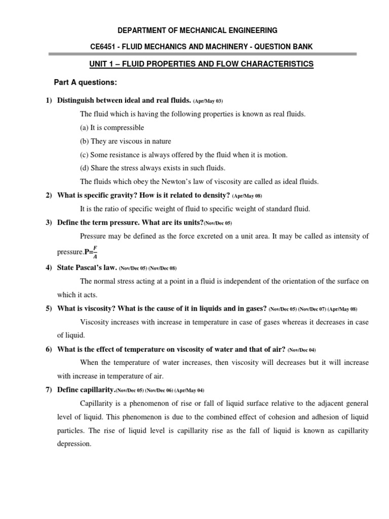 Unit 1 - Fluid Properties and Flow Characteristics Part A Questions ...