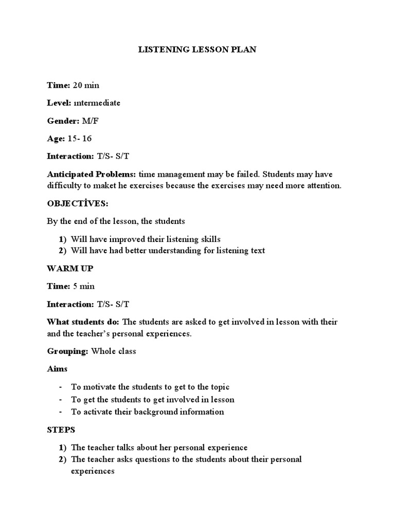 Lesson Plan For Listening | Download Free PDF | Teachers | Lesson Plan