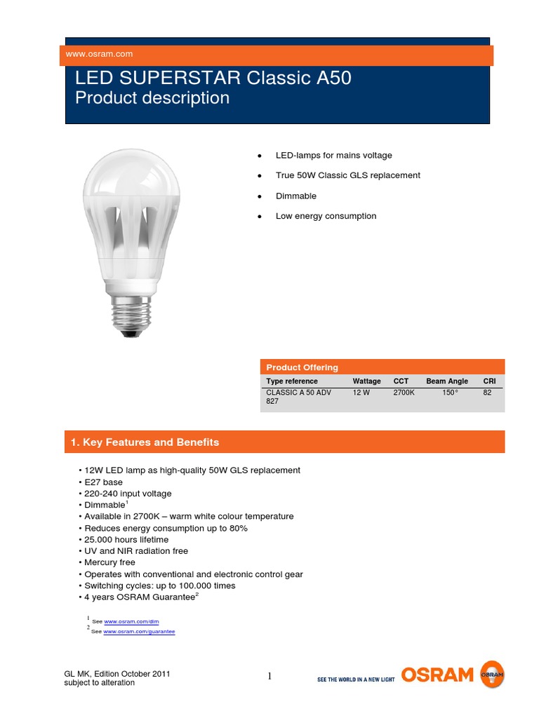 Led Superstar Classic A50: Product Description | PDF | Electromagnetic ...