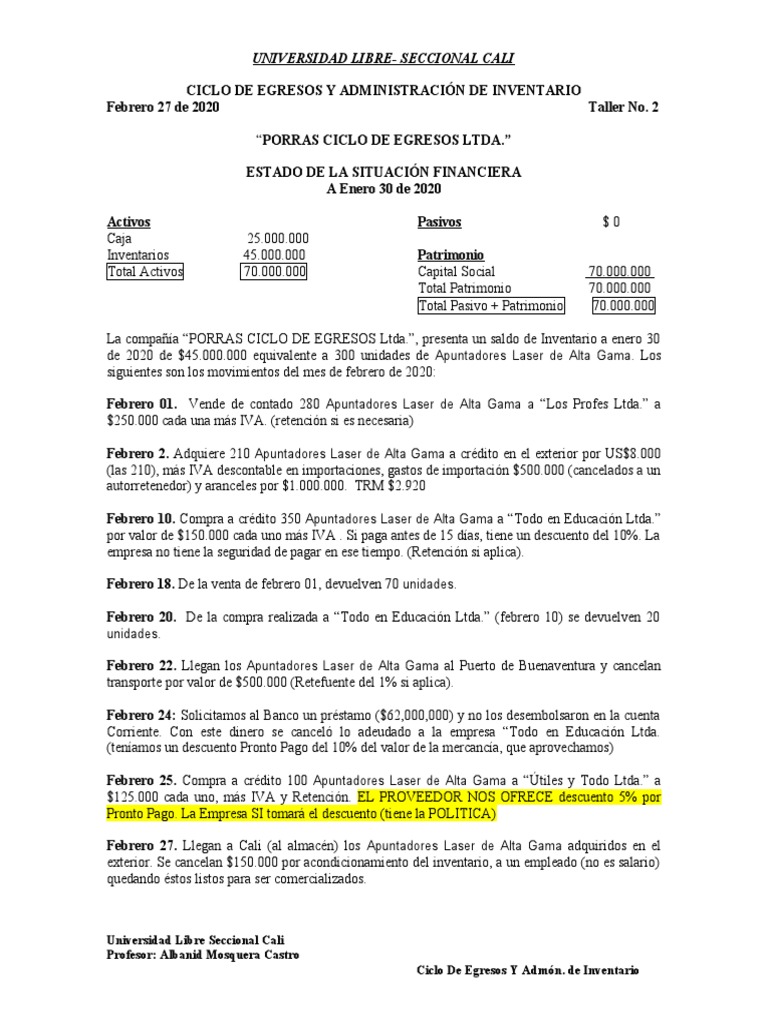 Taller #2 Ciclo de Egresos Febrero | PDF | Business | Economias