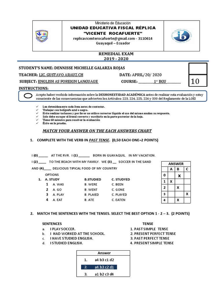 Remedial Exam 2019 - 2020: Match Your Answer On The Each Answers Chart ...