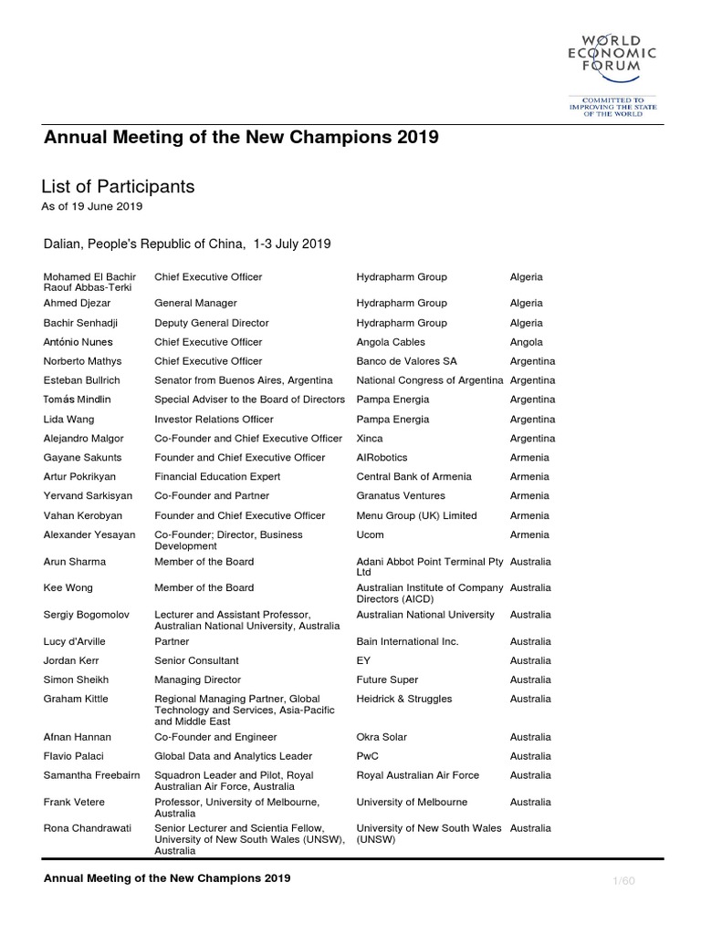 Participants of WEF 2019 Dalian Meeting | PDF | China | World Politics