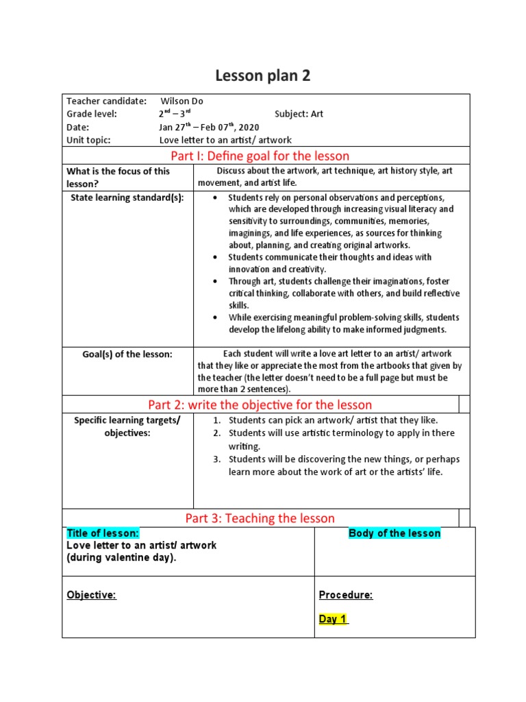 Lesson Plan 2: Part I: Define Goal For The Lesson | PDF | Lesson Plan ...